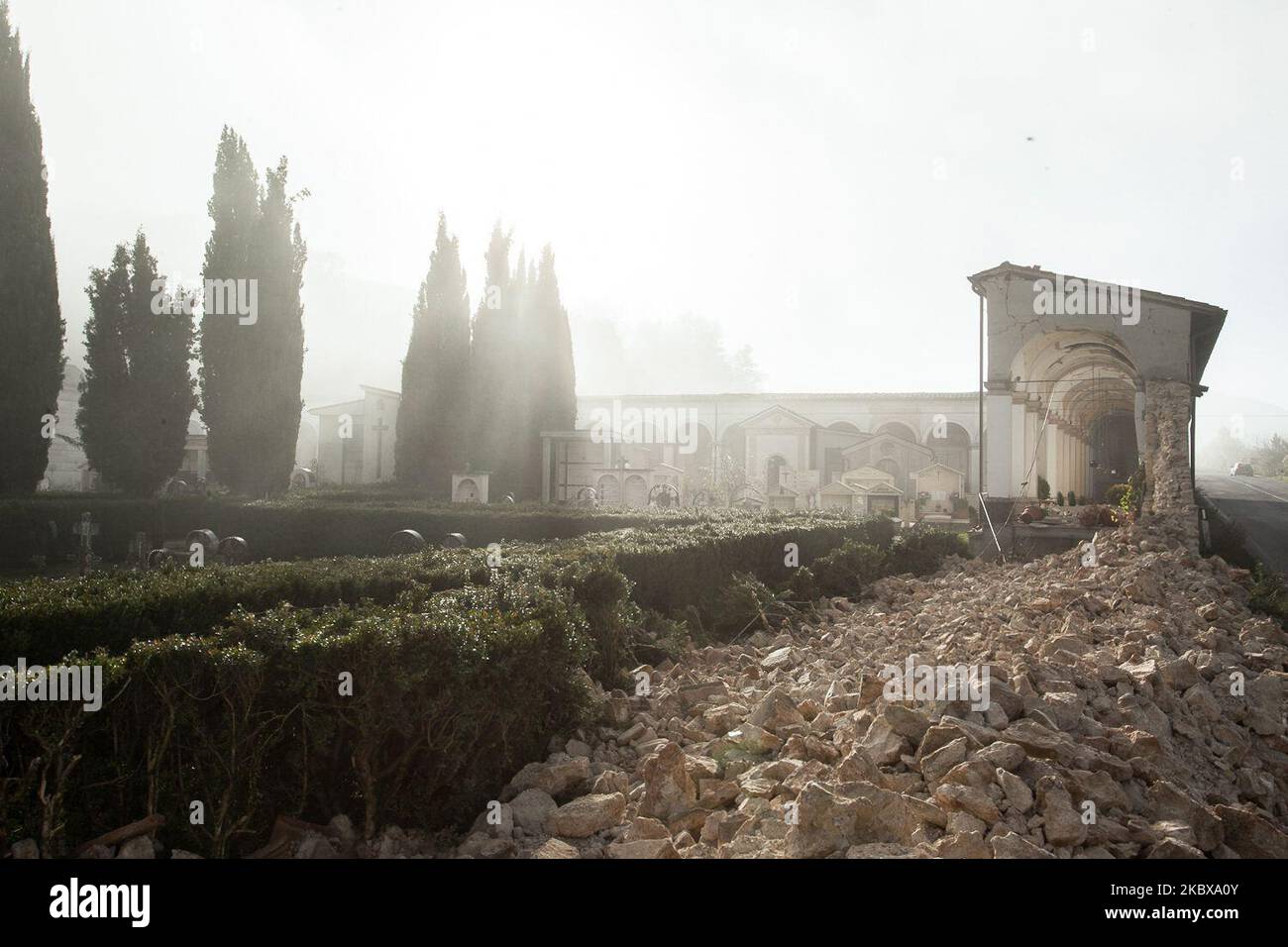 The collapsed wall of the cemetery of Norcia on November 1, 2016 two ...