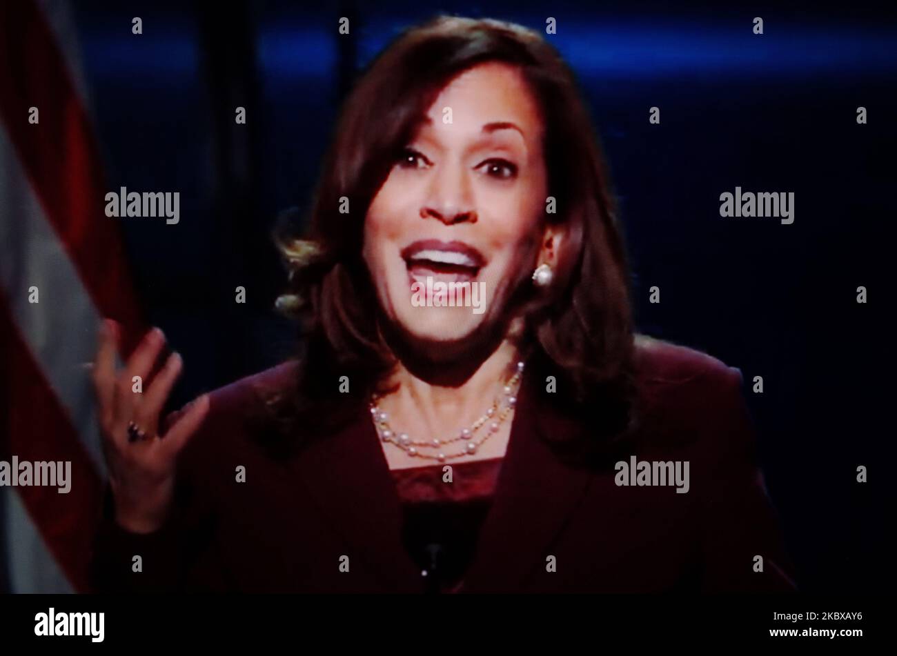 Vice presidential nominee Senator Kamala Harris addresses the virtual ...