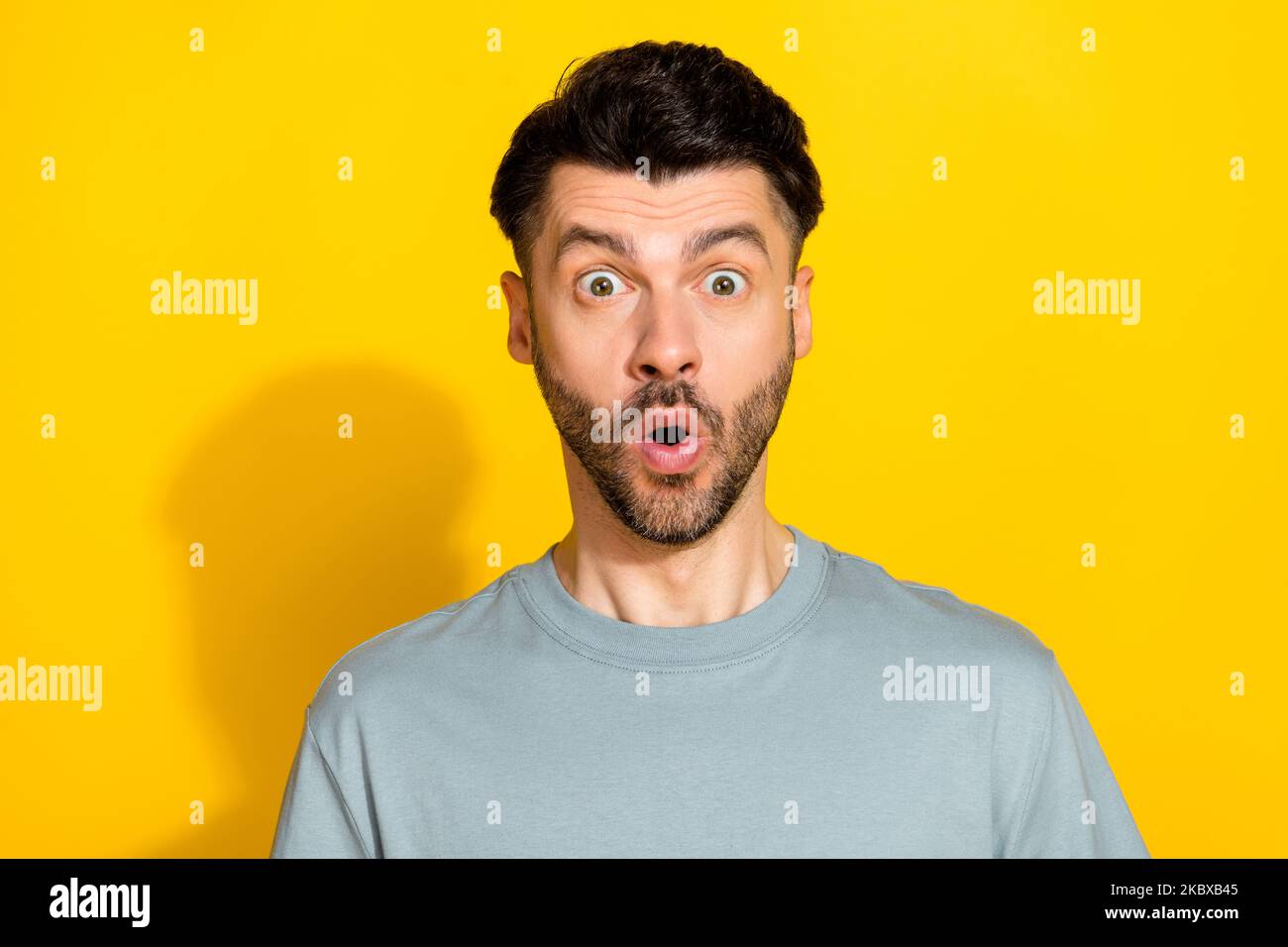 Closeup photo of young funny impressed suprised worker manager brunet ...