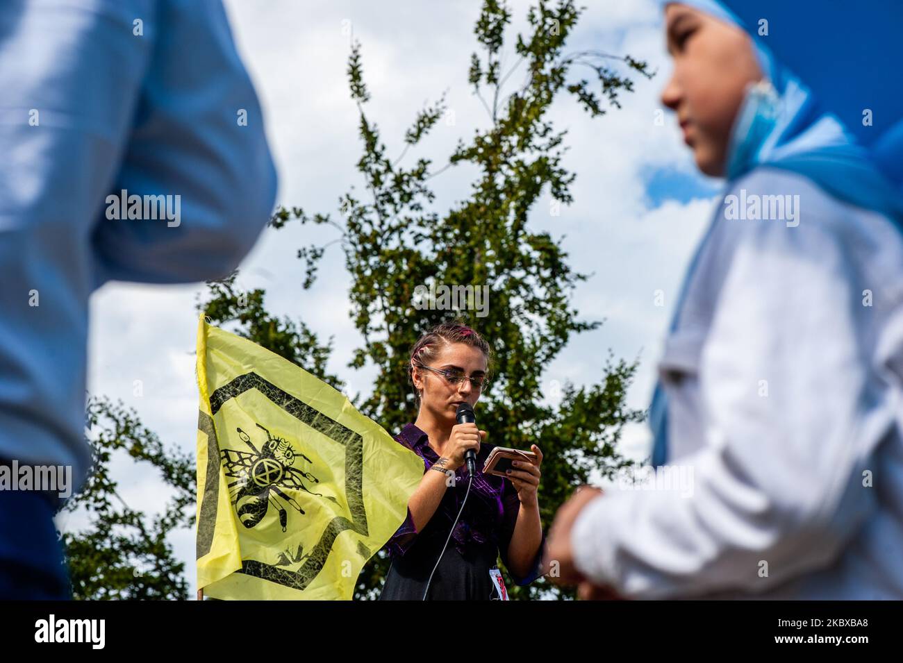An XR activist is giving a speech, during the demonstration 'Freedom ...