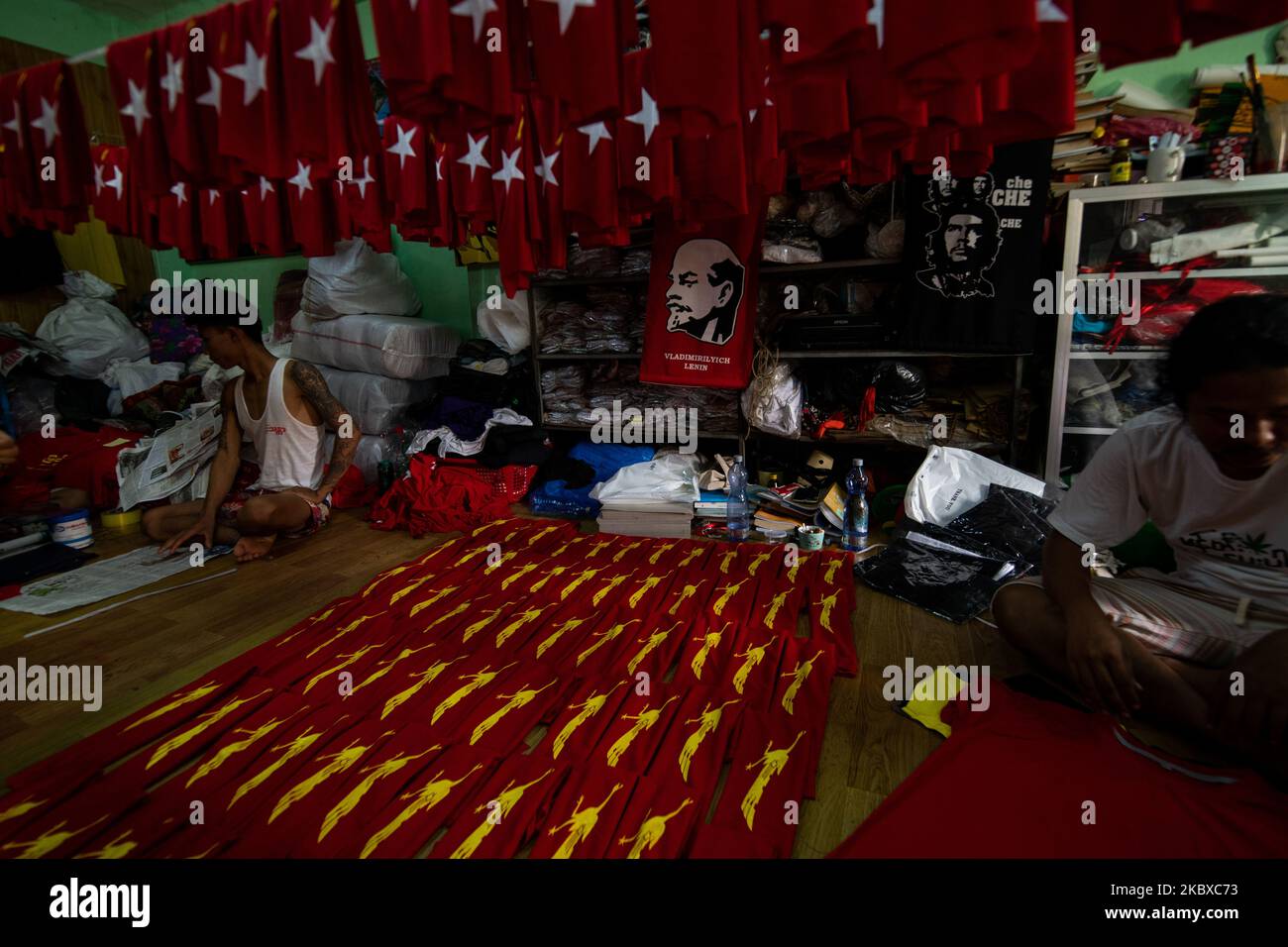 Flags and t-shirts printed with logos of the National League for ...