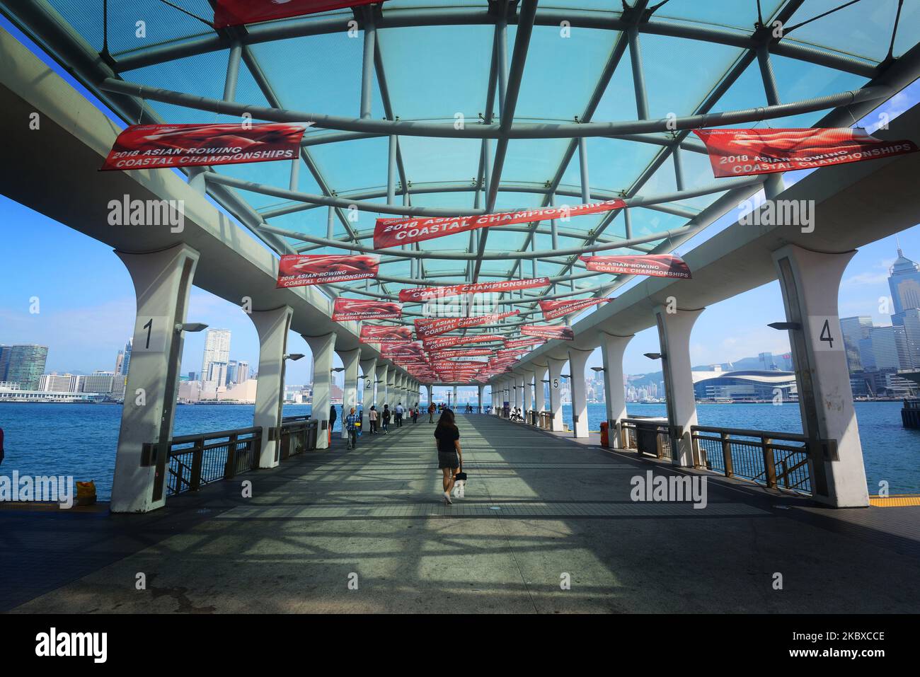 A modern jetty with glass ceiling on the background of skyscrapers of ...