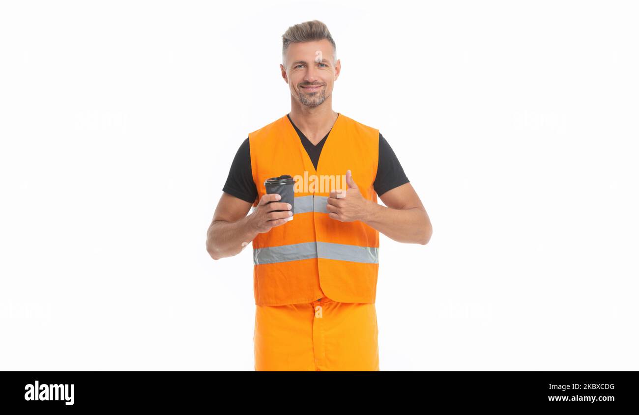 happy builder supervisor man in orange uniform. builder man wearing ...