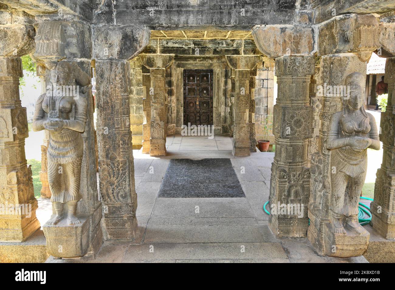 Stone pillars with detailed carvings and figures adorn the Navarathri ...