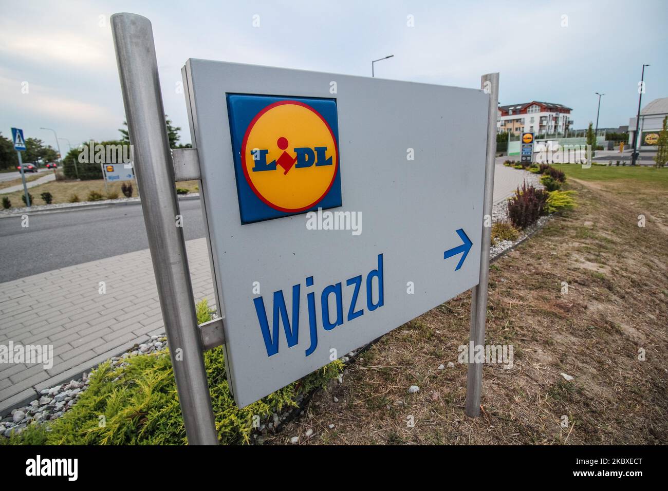 Lidl logo at the entrance to the Lidl parking lot is seen in Gdansk ...