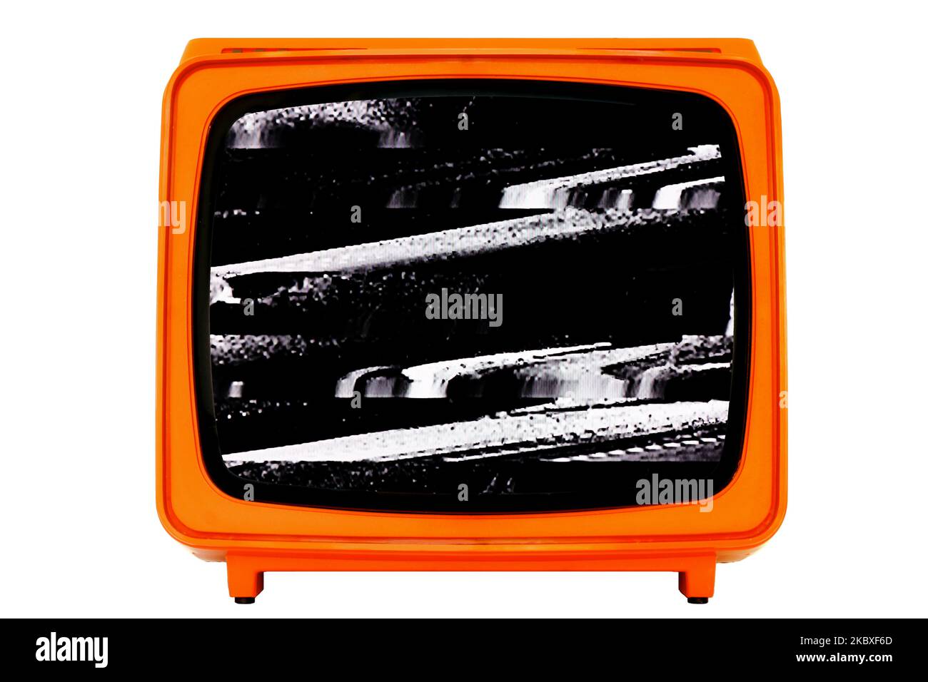 Retro old Space Age orange TV with Static Noise Glitch Effect Screen ...