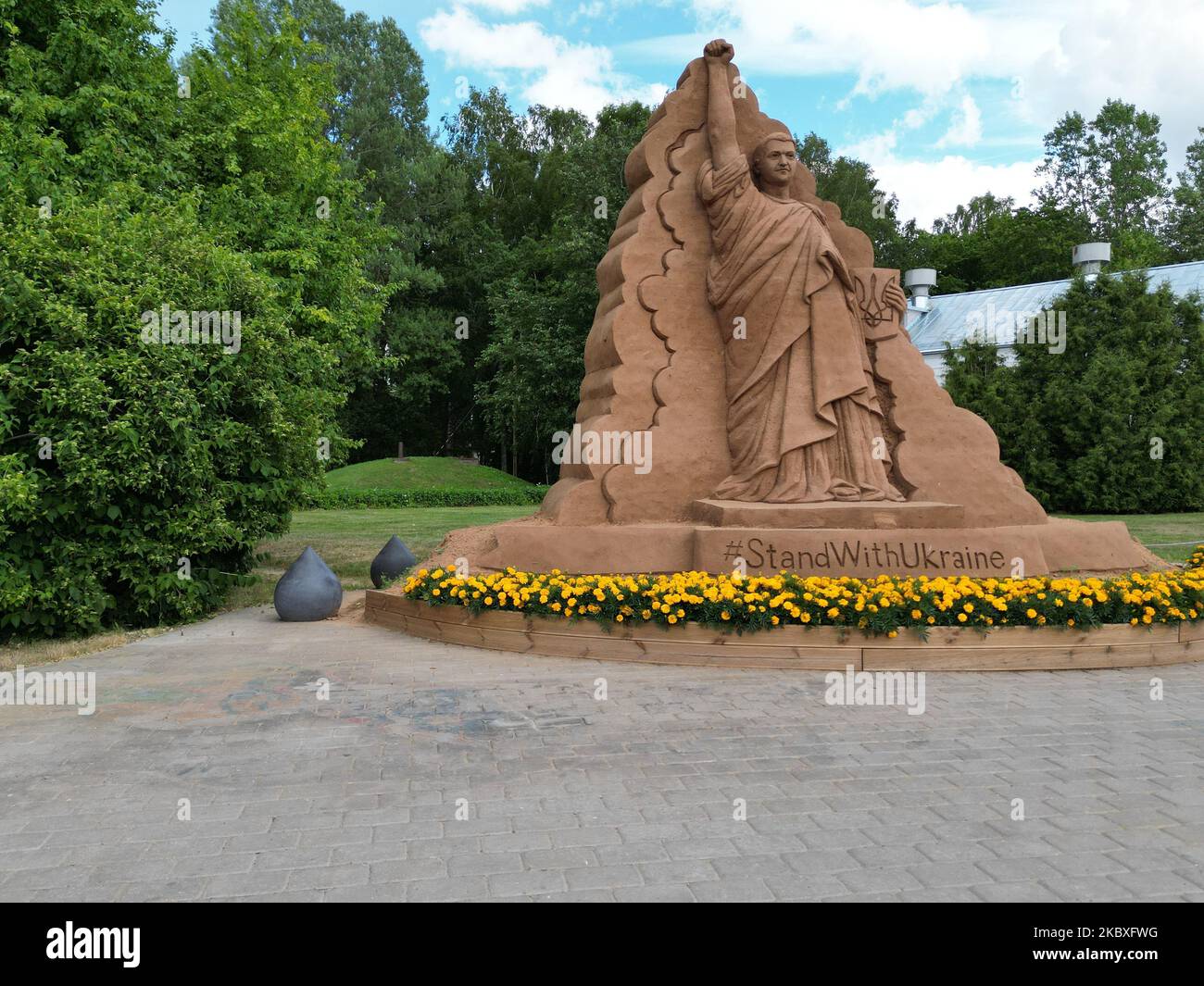 A 5-meter sand sculpture of a Ukrainian leader Zelenskyy symbolizing a ...