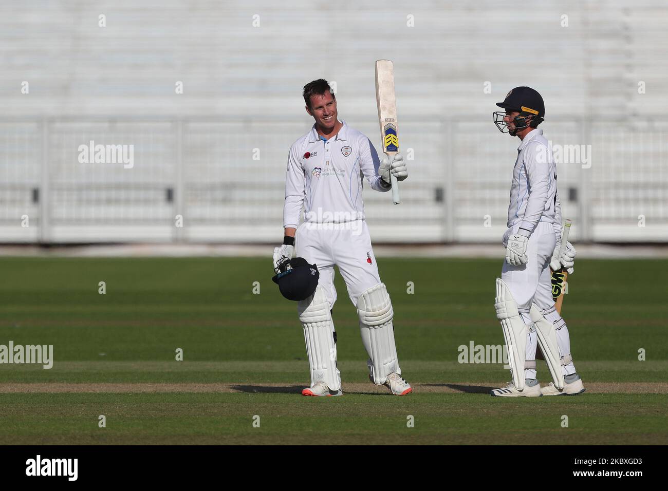 Derbyshire's Luis Reece celebrates making a hundred during the The Bob ...