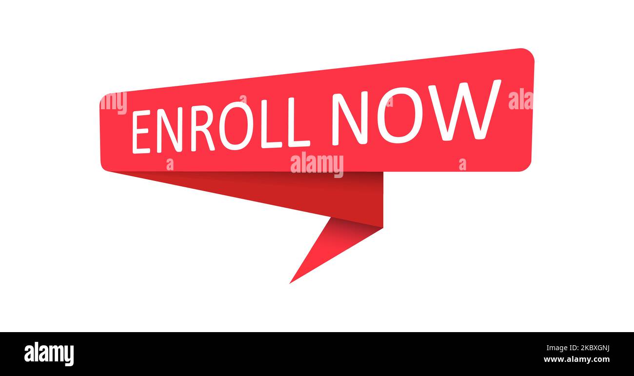 Enroll Now. A red banner, pointer, sticker, label or speech bubble for ...
