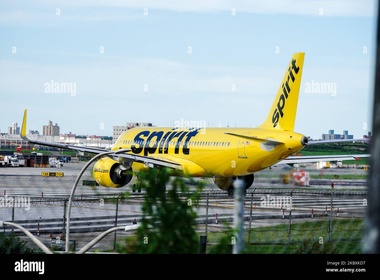 A view of a Spirit Airlines aircraft taking off at La Guardia Airport ...