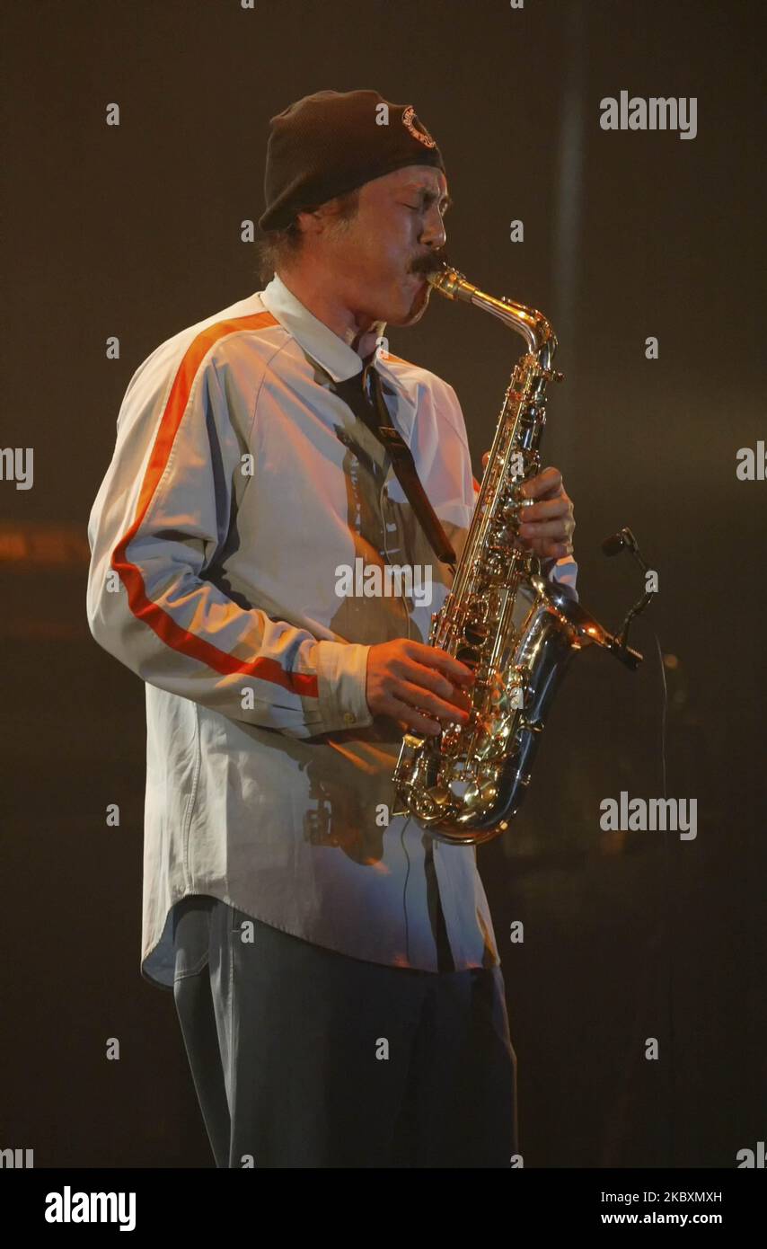 Fusion Jazz Band T-Square and Dimension performs on the stage during an ...
