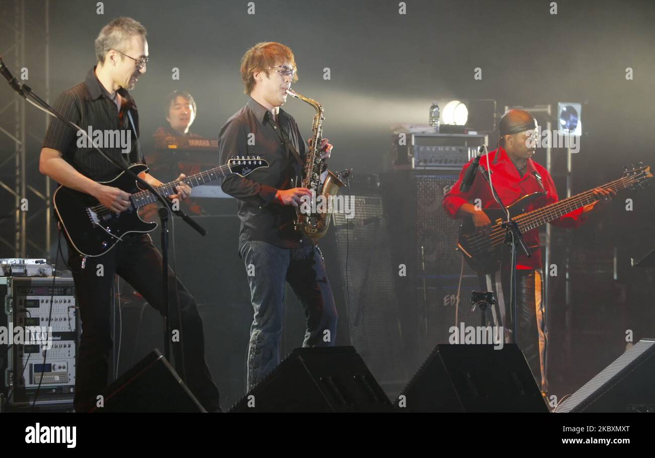 Fusion Jazz Band T-Square and Dimension performs on the stage during an ...
