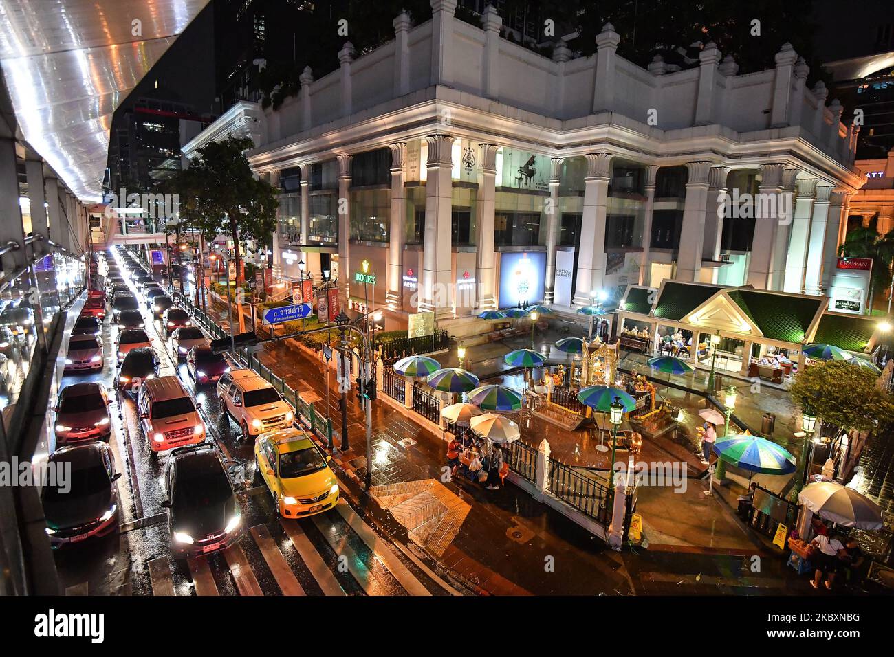 A traffic jam is pictured during rush hour while rainfall in downtown ...