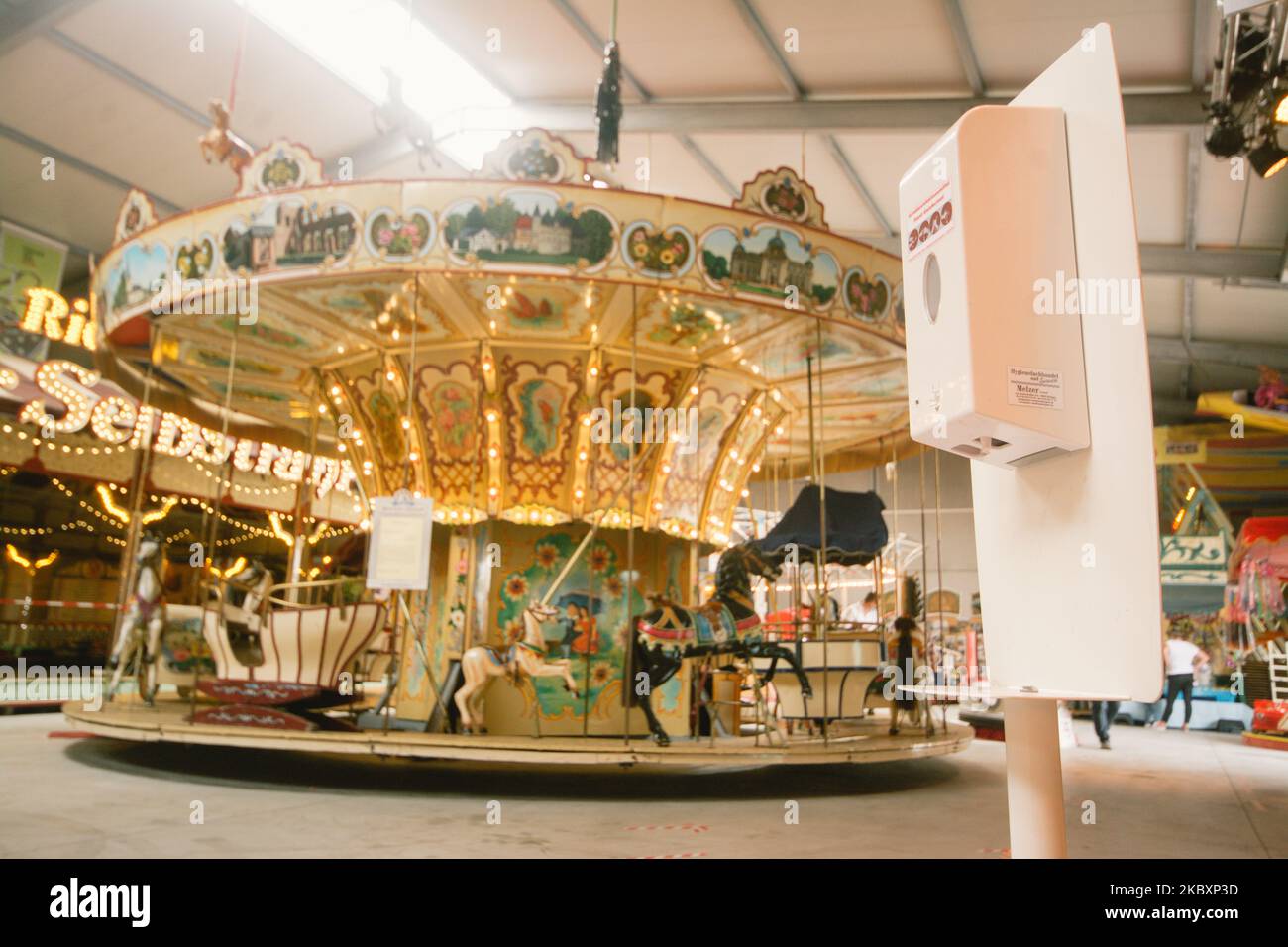 A hand sanitising station is seen at the entrance of histrical funfair ...