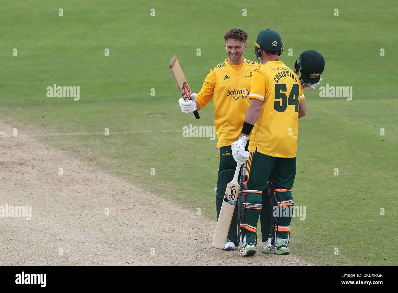 Joe Clarke of Notts celebrates his hundred during the Vitality Blast ...
