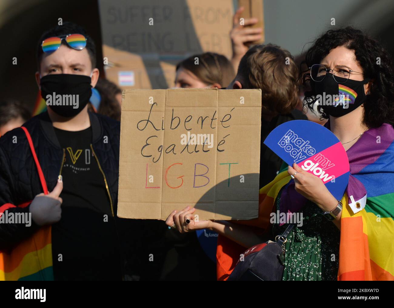 A Pro-LGBT activist holds 'Liberte, Equalite, LGBT' placard during the ...