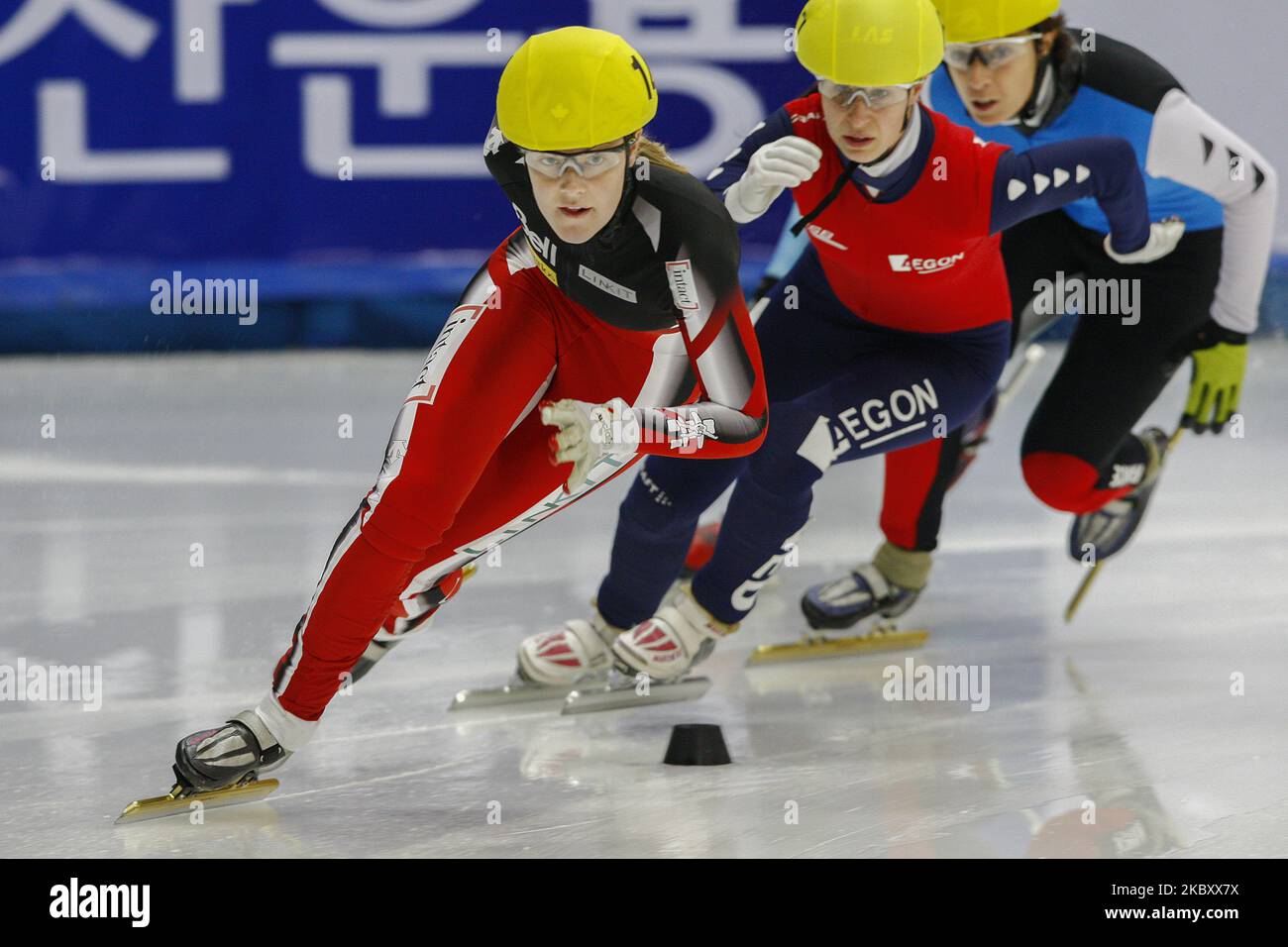 Gregg Jessica, front, of Canada competes in the ladies 500-meters heats ...