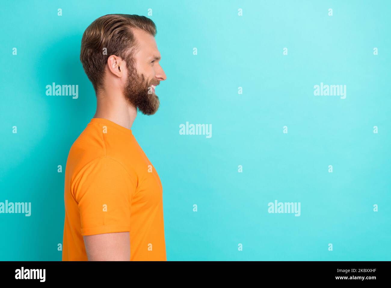 Side Profile Photo Of Satisfied Positive Guy With Blond Hairdo Wear