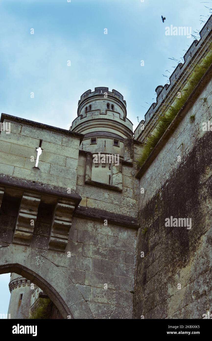 A low angle vertical shot of the towers of chateau castlein france ...