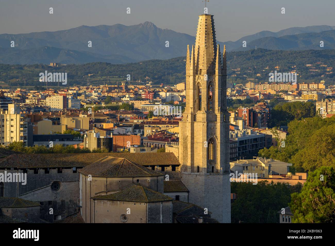 City of Girona and basilica of Sant Feliu in the morning. In the ...
