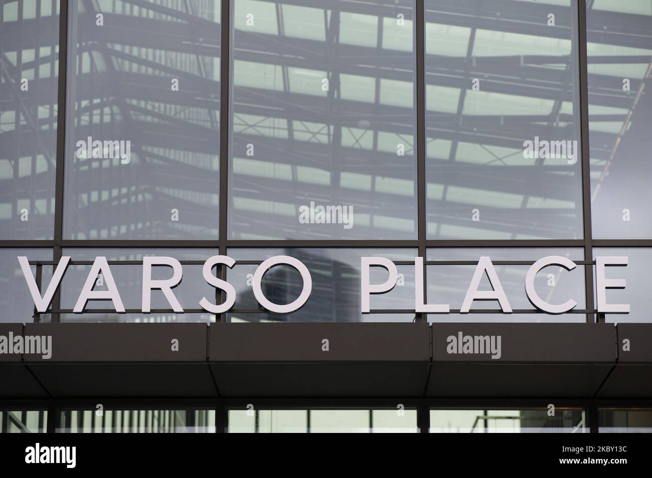 Varso Place logo is seen on September 2, 2020 in Warsaw, Poland. The ...