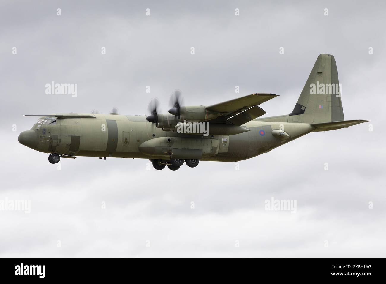 An RAF C-130 Hercules lands at Newcastle Airport, England on 5th August ...