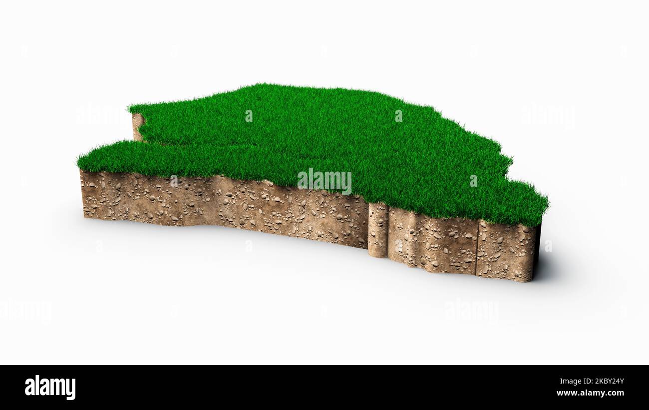 A 3D rendering of the Senegal geological map with green grass and rock ...