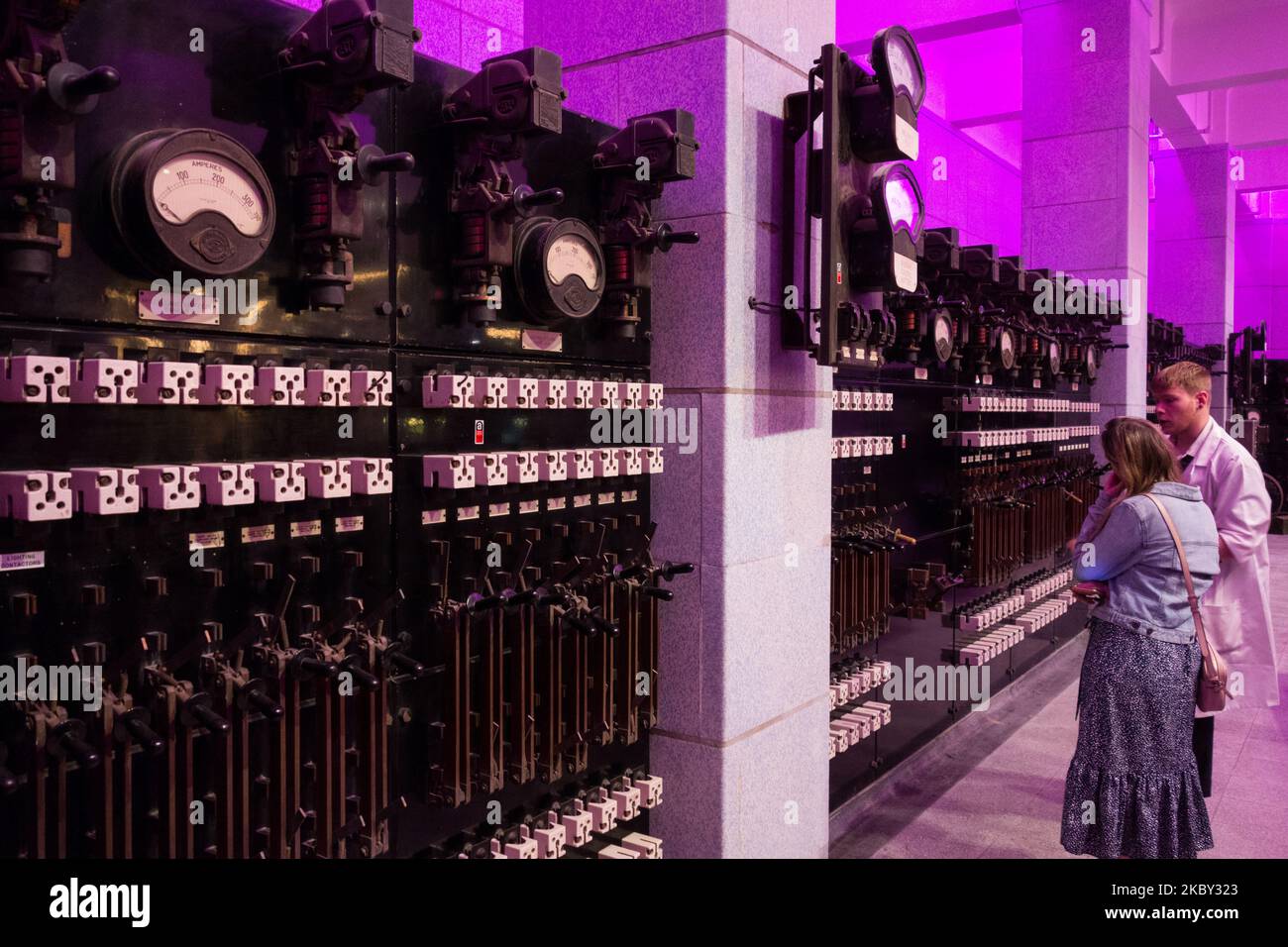 Close-up of the controls and dials in the Control Room, Battersea Power ...