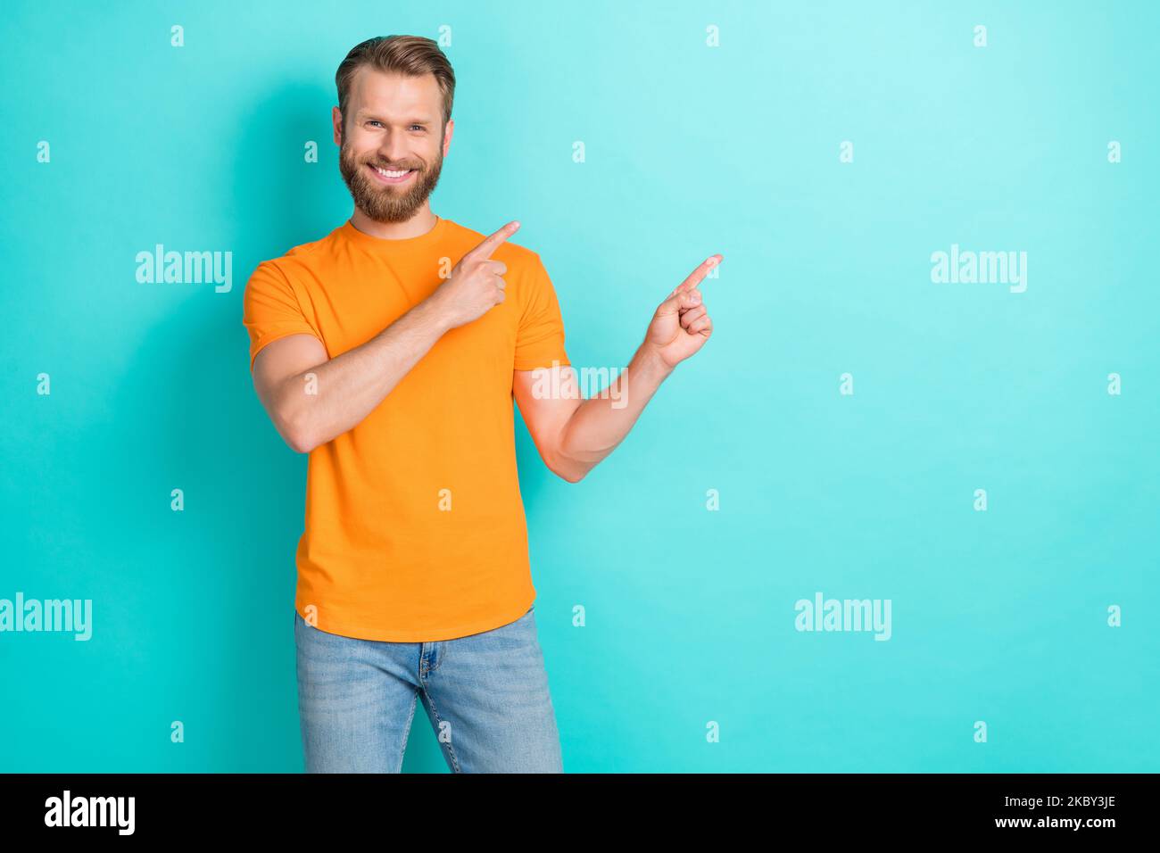 Photo Of Optimistic Brown Hairdo Guy Index Promo Wear Orange T Shirt