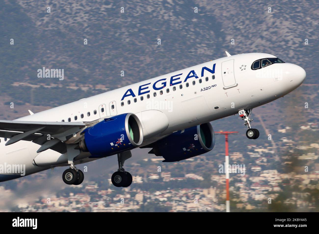 An Aegean Airlines Airbus A320neo aircraft as seen during take-off ...