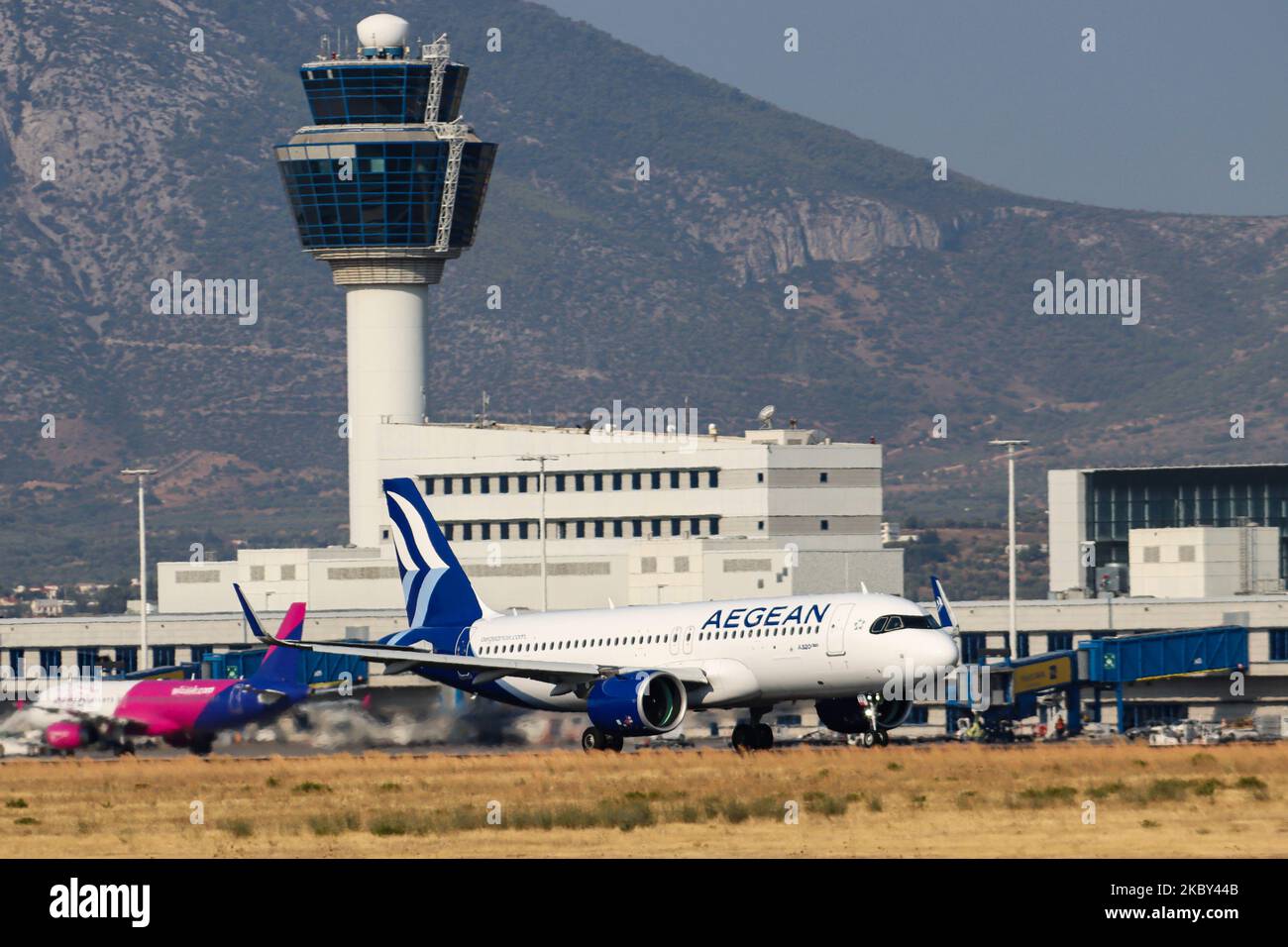 An Aegean Airlines Airbus A320neo aircraft as seen during take-off ...