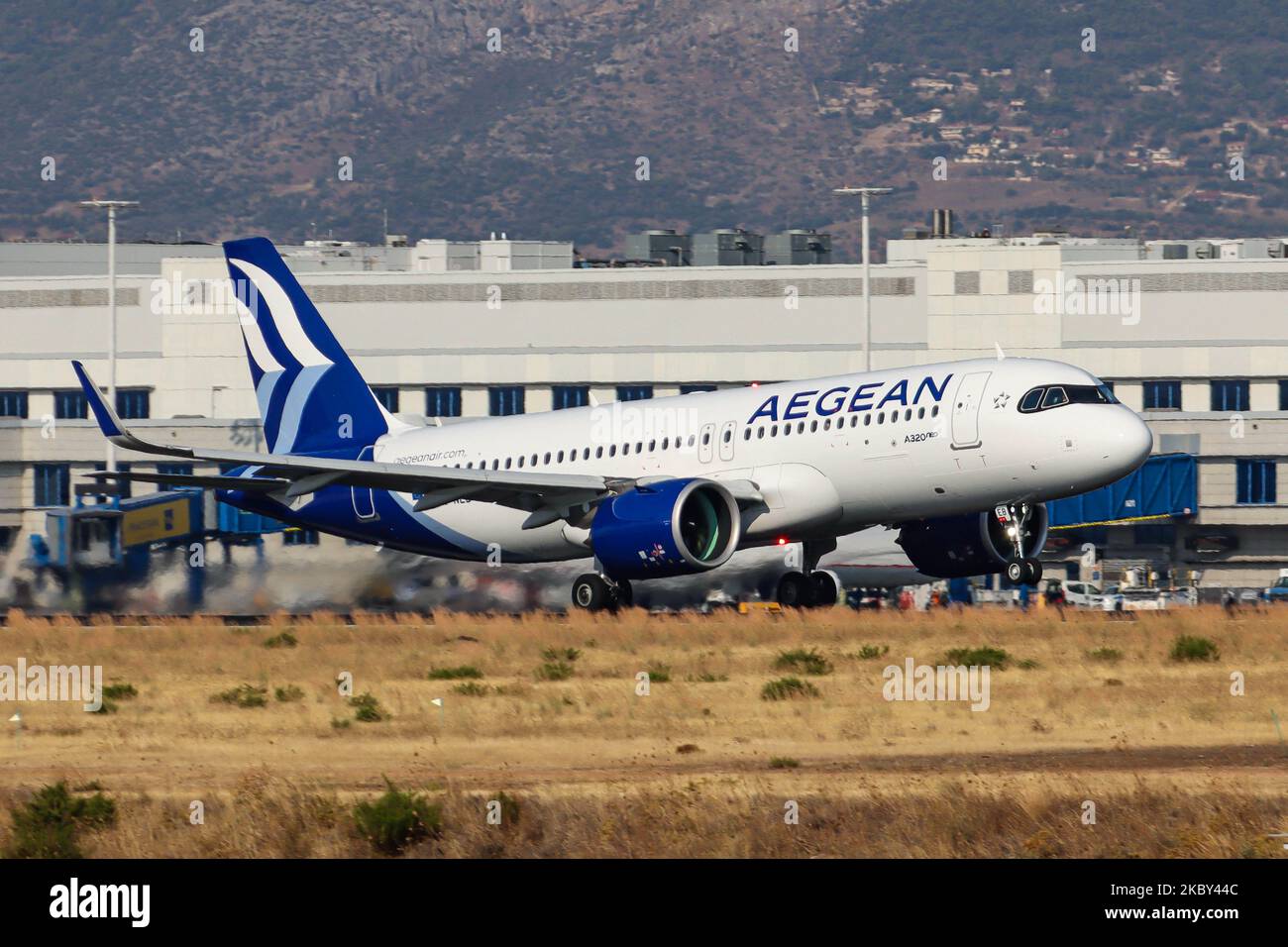 An Aegean Airlines Airbus A320neo aircraft as seen during take-off ...