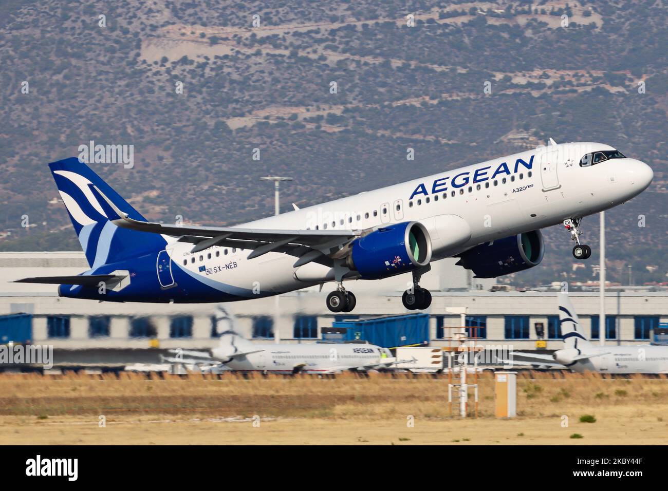 An Aegean Airlines Airbus A320neo aircraft as seen during take-off ...