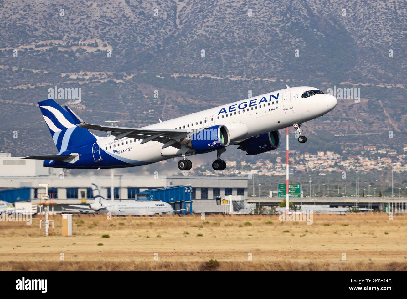 An Aegean Airlines Airbus A320neo aircraft as seen during take-off ...