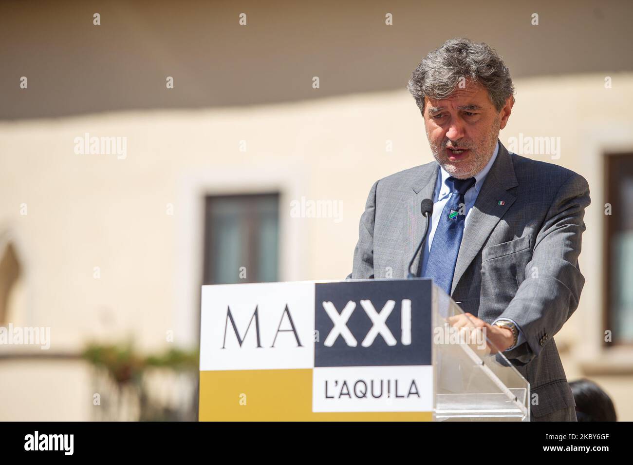 President of Abruzzo Region Marco Marsilio speaking during presentation ...