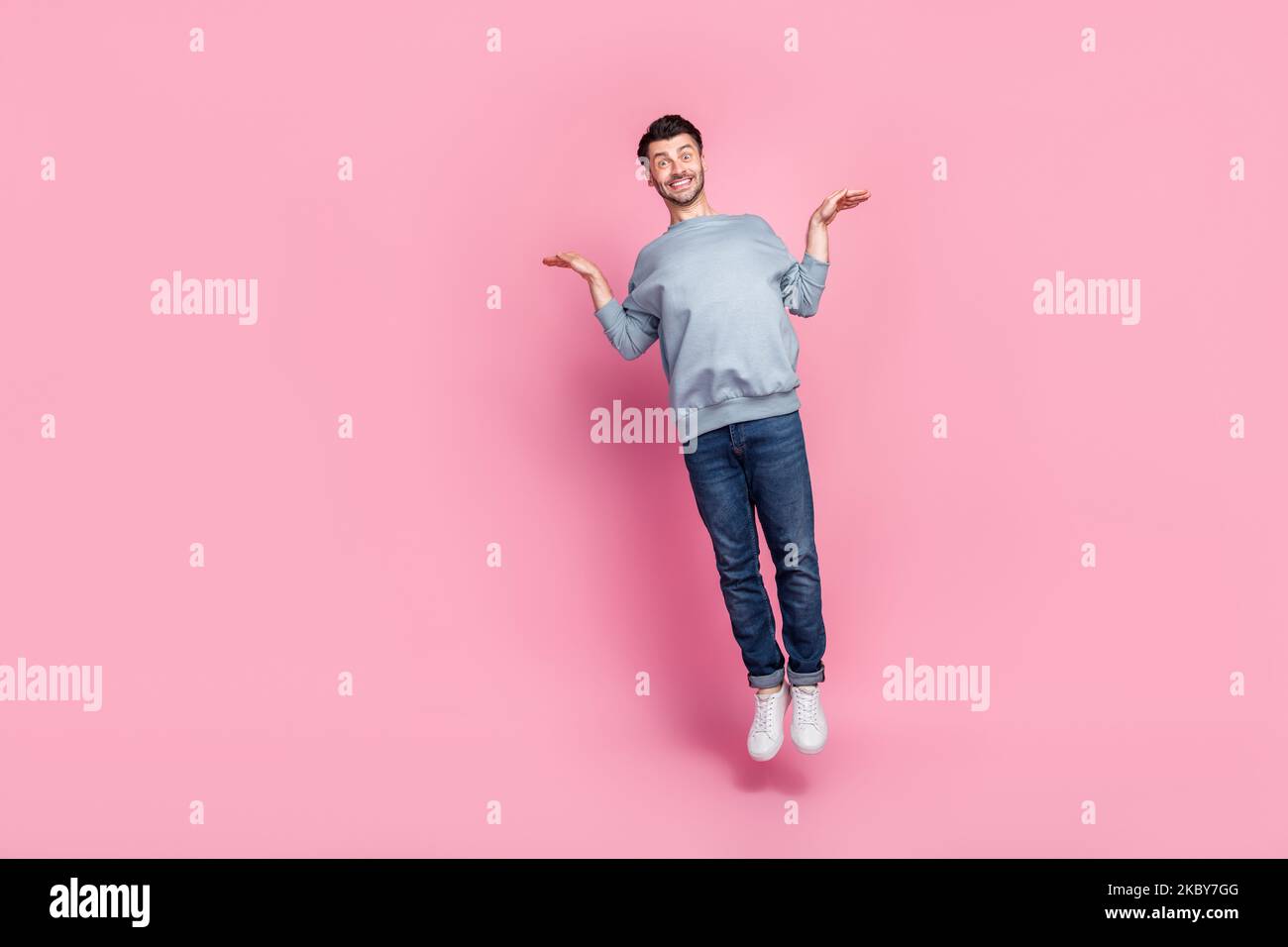 Full body size photo of young attractive funny handsome toothy guy ...