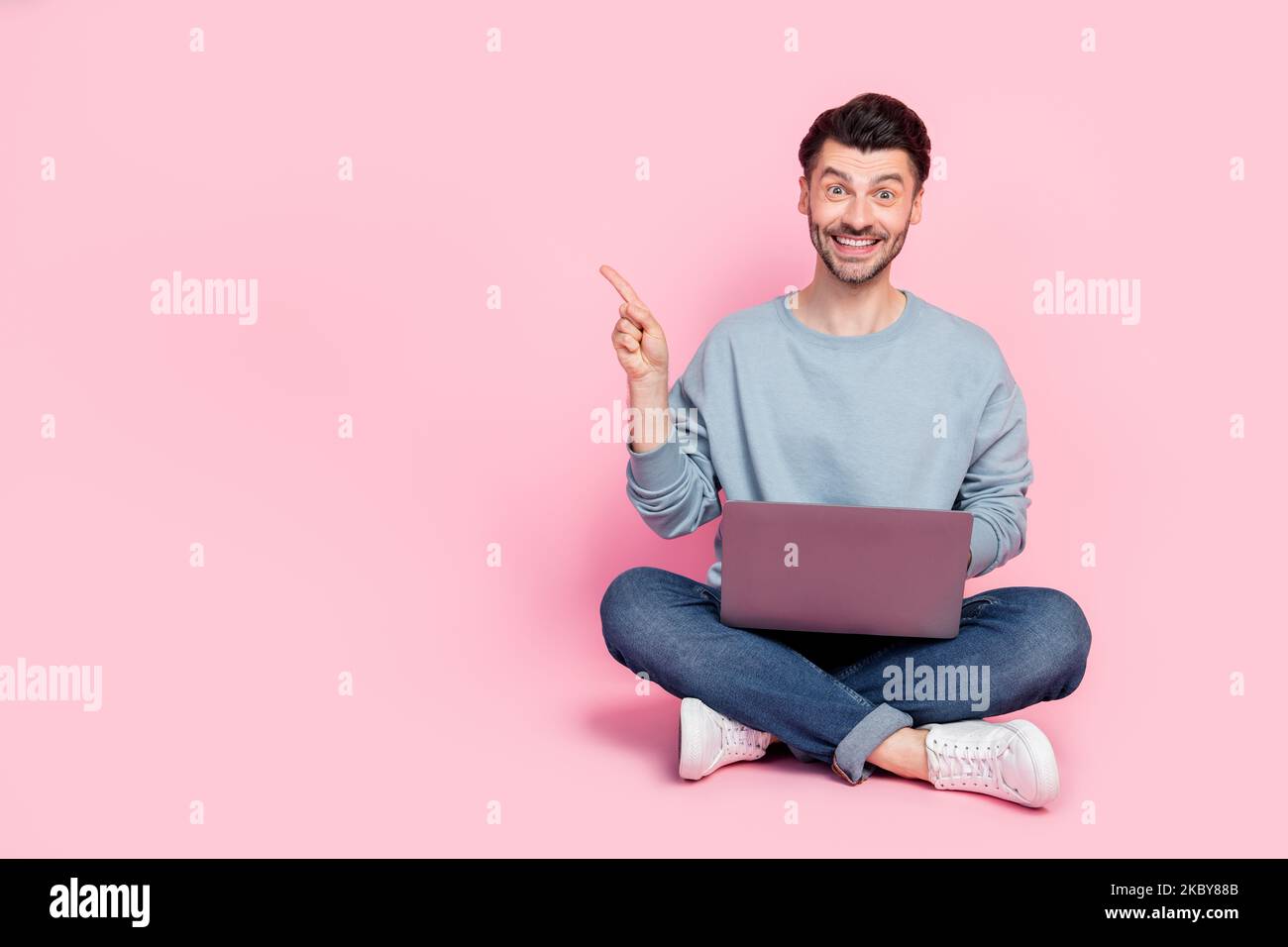 Full body photo of nice young man laptop manager hr finger point empty ...