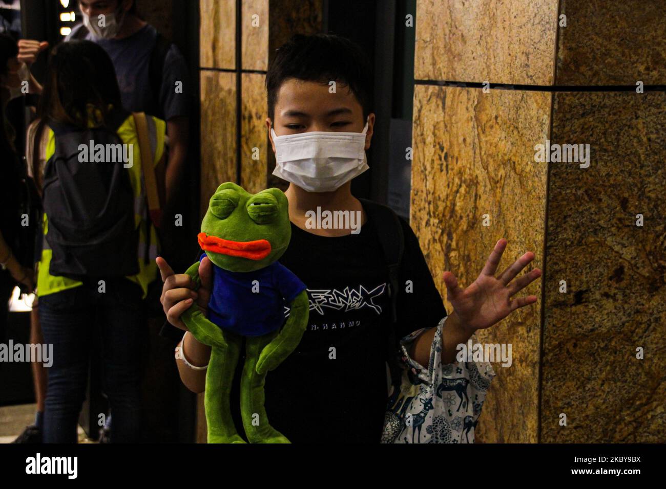 A young boy holds pro-democracy Pepe The Frog during shopping mall ...
