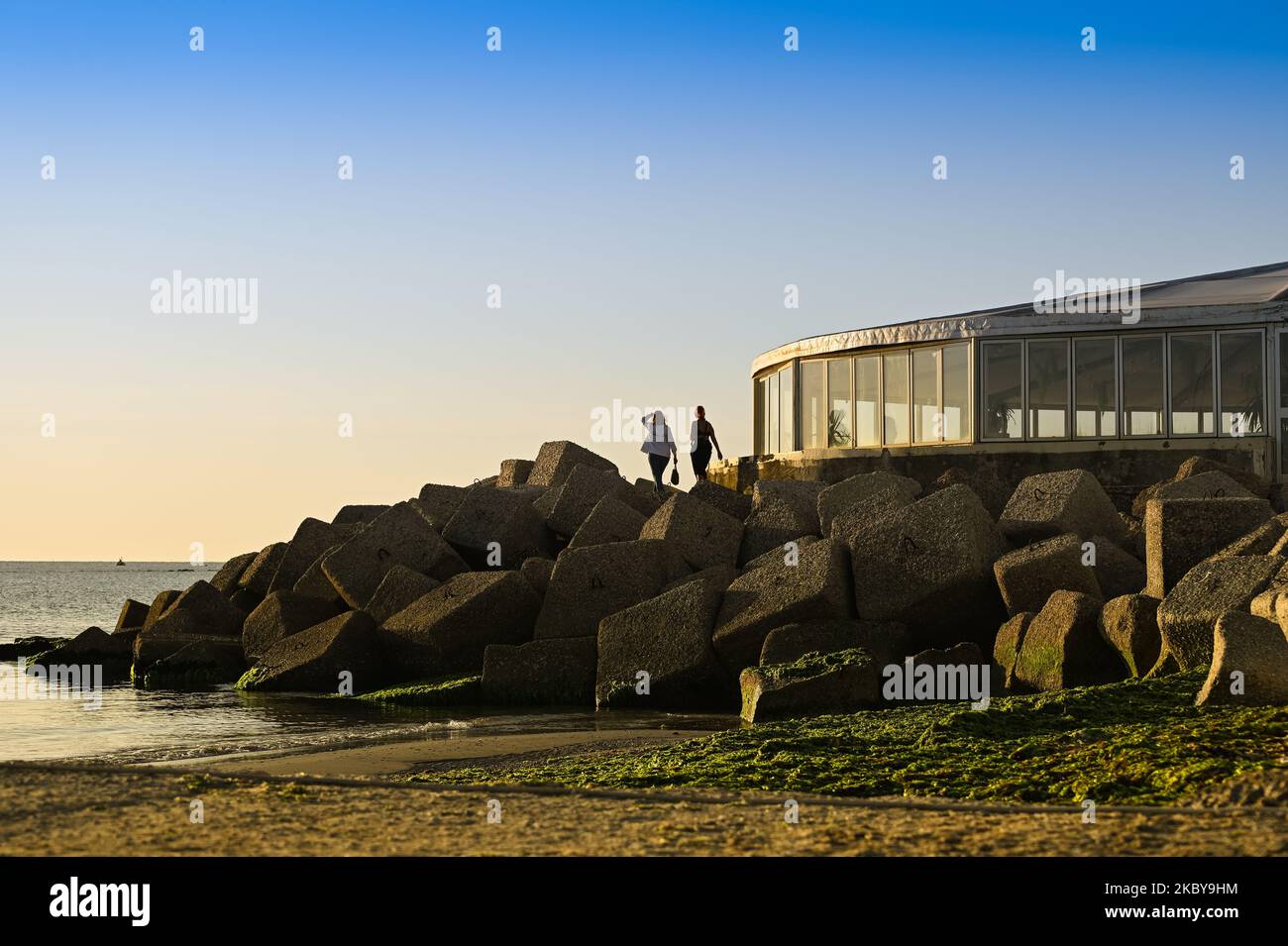 A stained glass structure with cliff at dawn in Pesaro in the Marche ...