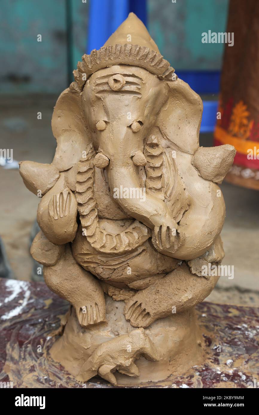 Clay idol of Lord Ganesha (Lord Ganesh) seen at a workshop during the ...
