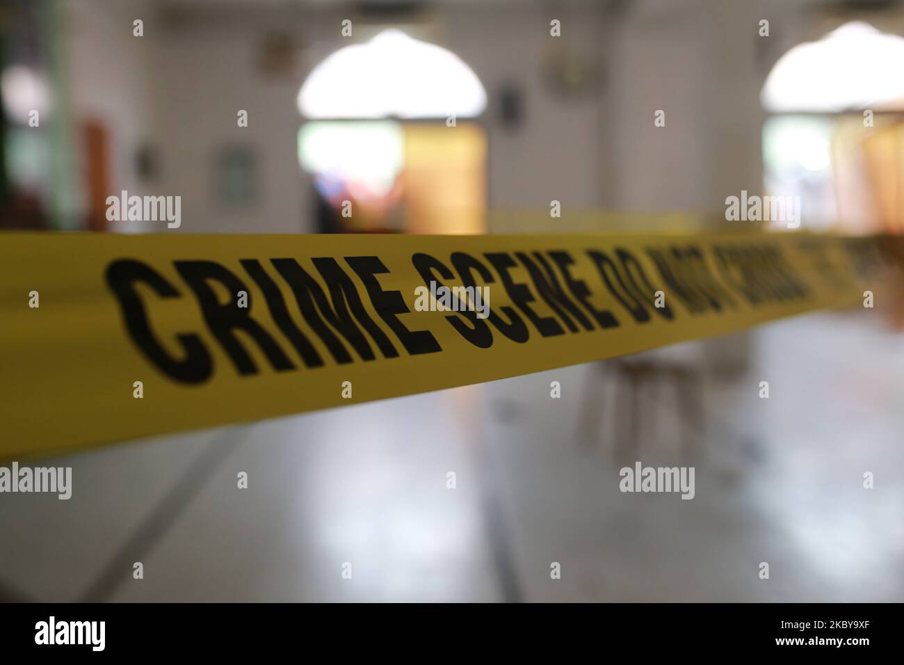 Crime scene ribbon seen inside a mosque after a gas pipeline explosion ...