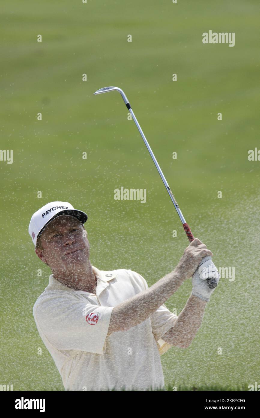 Jeff Sluman of USA, 18th hall hits from a sand trap during the PGA Tour ...