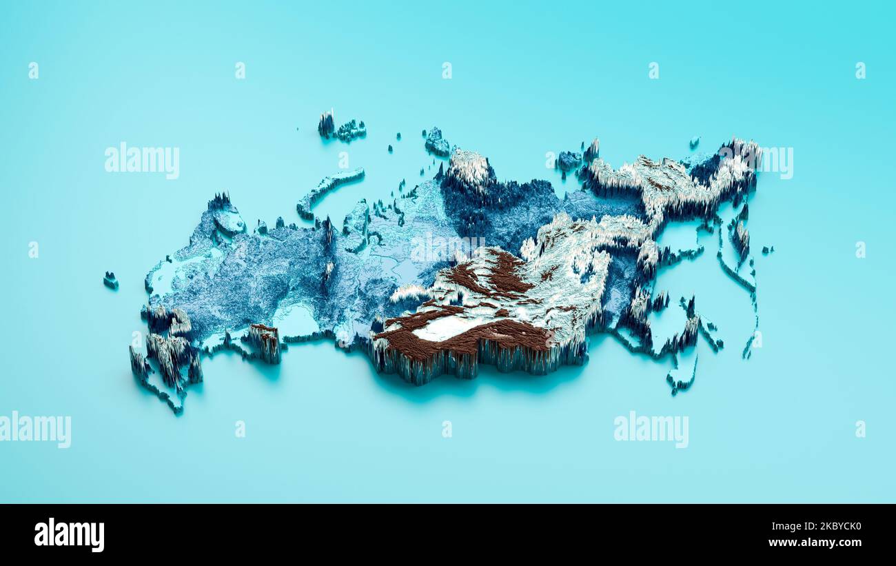 A 3D rendering of a hypsometric tint map of Russia with shaded relief ...