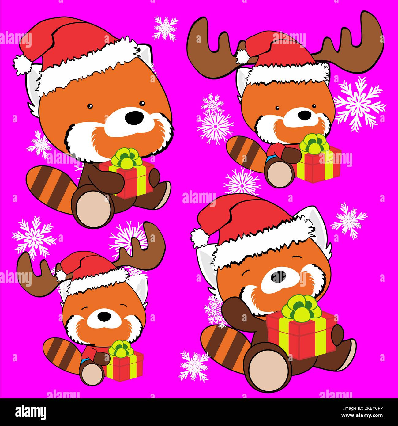 xmas cute baby chibi red panda character cartoon illustration, vector ...