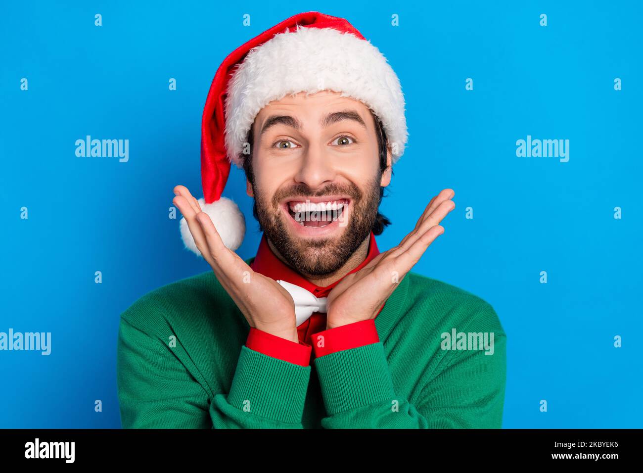 Portrait of astonished funky person raise arms palms open mouth cant ...