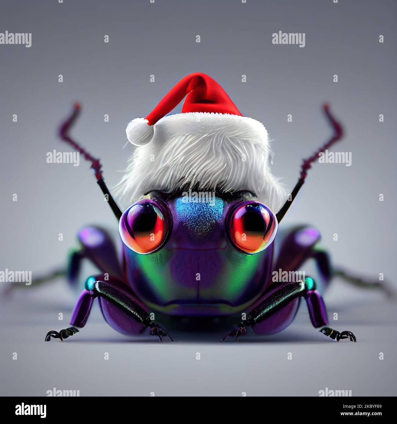 A macro illustration of the face of an iridescent bug wearing a Santa ...