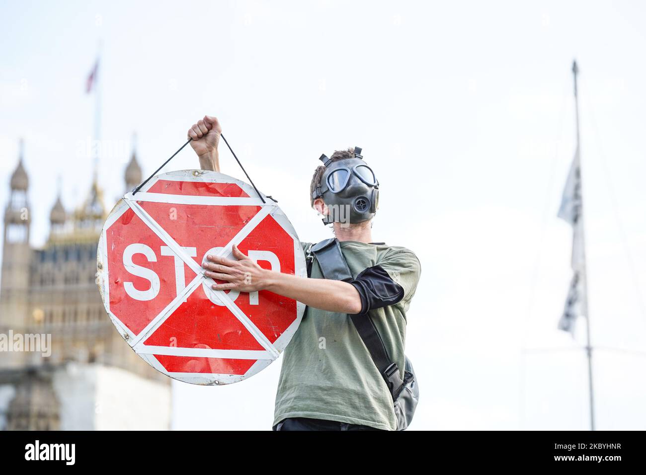 A protester with a gas mask stands on the roof of a car in Parliament ...