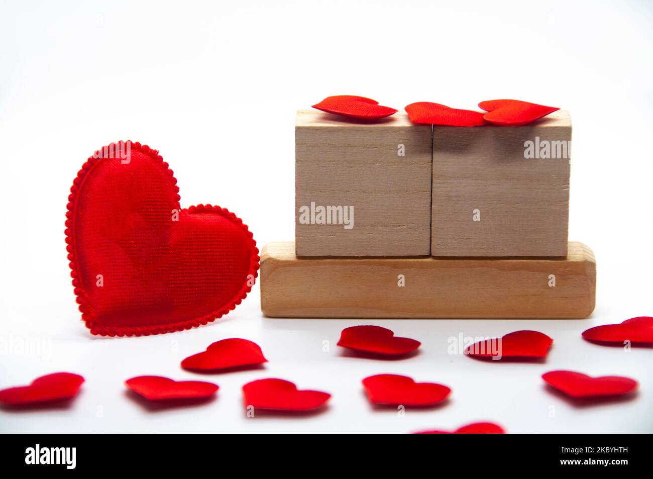 Blank love shape with empty wooden block on with background with ...