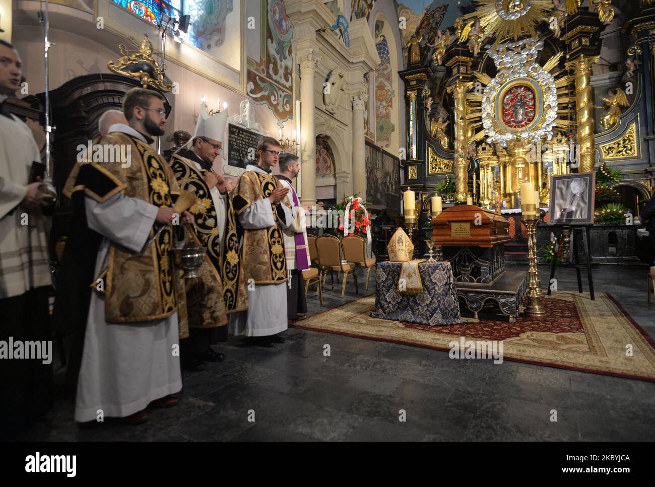 Cardinal Marian Jaworski's coffin seen ahead of the funeral mass inside ...