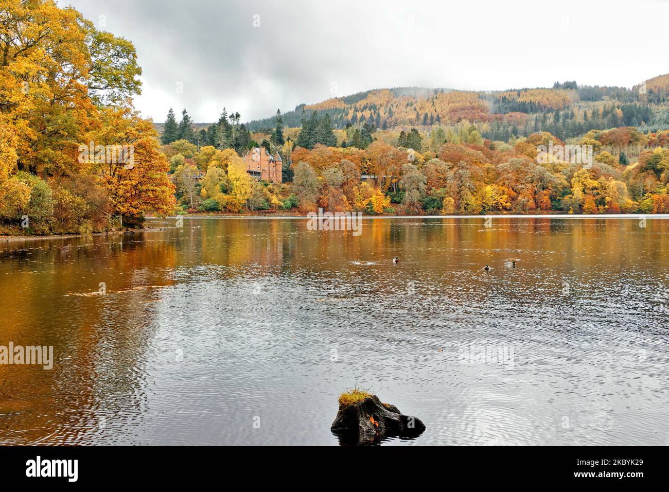 Pitlochry Perthshire Scotland looking across Loch Faskally to Fonab ...